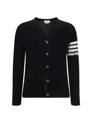 Thom Browne Virgin Wool V-neck Cardigan With Signature Stripes - Black