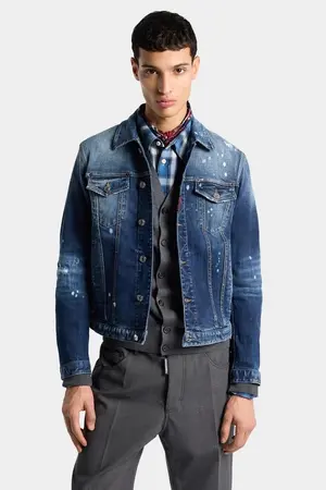 Dsquared2 Distressed Denim Trucker Jacket With Paint Splatter