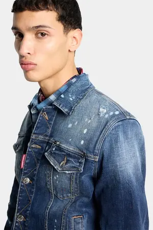 Dsquared2 Distressed Denim Trucker Jacket With Paint Splatter
