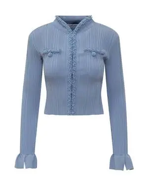 SELF-PORTRAIT Ribbed Knit Button-up Cardigan With Embellished Trim - Blue