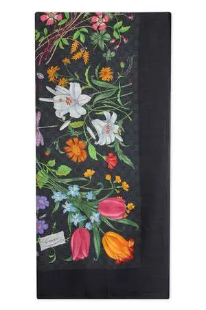 Gucci Printed Silk & Wool Scarf With Floral Monogram Pattern, 120 X 120 Cm - Multicolor