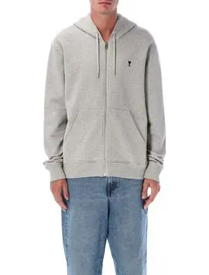 AMI Paris Zip-front Loopback Cotton Hoodie With Of Coeur Embroidery - Grigio