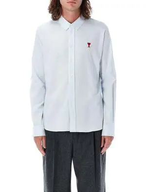 AMI Paris Fine Striped Cotton Button-down Shirt With Red Embroidered Heart - White Lt Blue