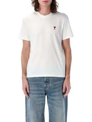 AMI Paris Ami Paris Organic Cotton Mini Minimalist T-Shirt With Heart Logo Embroidery Bianco