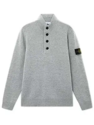 Stone Island Ribbed Stand-up Collar Wool Sweater With Felt Trim And Quarter Zip - Grigio