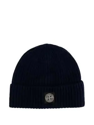 Stone Island Ribbed Virgin Wool Beanie With Logo Patch - Blu