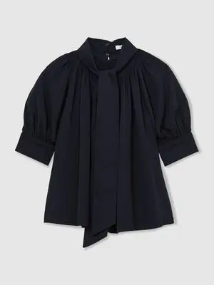 REISS Lerina Tie-neck Short-sleeve Blouse - Navy