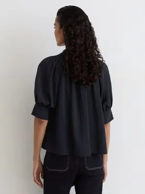 REISS Lerina Tie-neck Short-sleeve Blouse - Navy