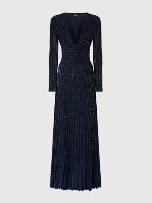 Missoni Long Sleeve Deep Plunge Sequin Embellished Maxi Dress - Navy Blue