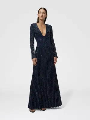 Missoni Long Sleeve Deep Plunge Sequin Embellished Maxi Dress - Navy Blue