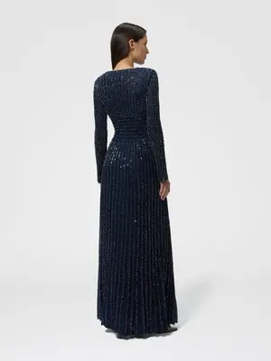 Missoni Long Sleeve Deep Plunge Sequin Embellished Maxi Dress - Navy Blue