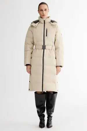 OROLAY Celeste Long Hooded Belted Down Coat