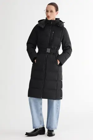 OROLAY Celeste Long Hooded Belted Down Coat - Black