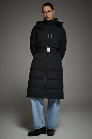 OROLAY Celeste Long Hooded Belted Down Coat - Black