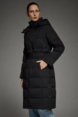 OROLAY Celeste Long Hooded Belted Down Coat - Black