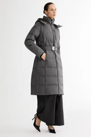OROLAY Celeste Long Hooded Belted Down Coat - Gray