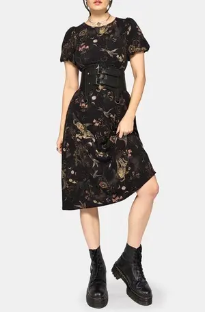 DISTURBIA Harpyiai Print Puff Sleeve Midi Dress - Black