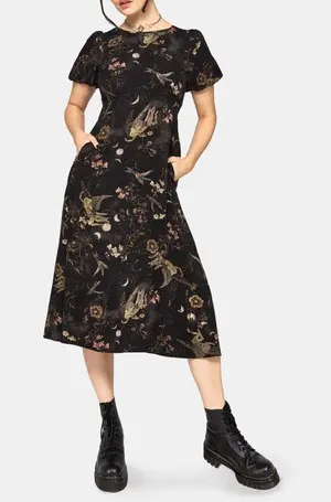 DISTURBIA Harpyiai Print Puff Sleeve Midi Dress