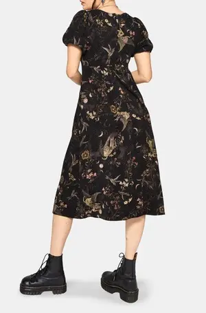 DISTURBIA Harpyiai Print Puff Sleeve Midi Dress