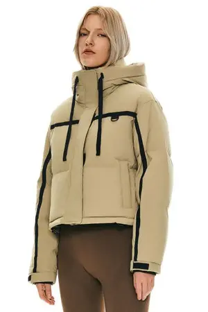 OROLAY Winter Quilted Hooded Cropped Down Puffer Jacket - Khaki
