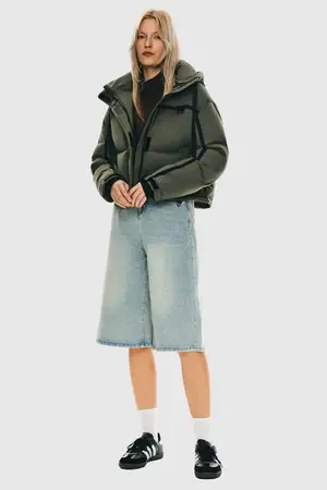 OROLAY Winter Quilted Hooded Cropped Down Puffer Jacket - Olive