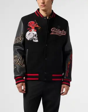 Philipp Plein Varsity Bomber With Leather Sleeves Devil Skull