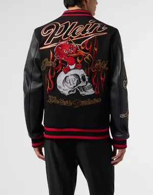 Philipp Plein Varsity Bomber With Leather Sleeves Devil Skull