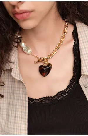 Bimba Y Lola Chain Necklace With Faux Pearl And Resin Heart