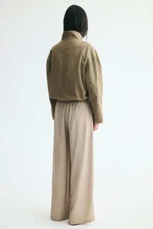 H&M Viscose-blend Wide-leg Drawstring Pants With Ruffled Waistband - Beige