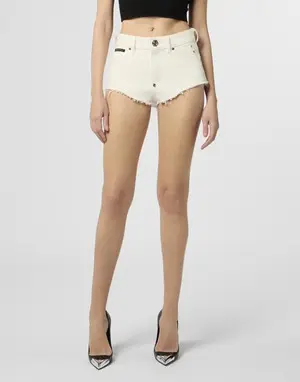 Philipp Plein Denim Hot Pants With Raw Edge Hem And Jewel Button Detail - Offwhite
