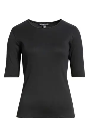 Eileen Fisher Organic Cotton Crewneck Elbow Sleeve Top - Black
