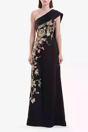SAIID KOBEISY One-shoulder Floral-embroidered Evening Dress - Black
