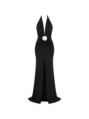 ROSERRY Halterneck Maxi Dress With Flower Appliqué And Front Slit - Black