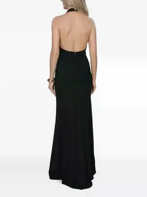 ROSERRY Halterneck Maxi Dress With Flower Appliqué And Front Slit - Black