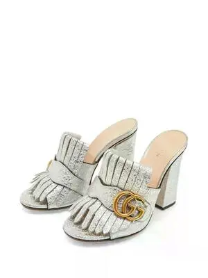 Gucci Leather Gg Marmont Fringed Block Heel Slide Sandals - Silver