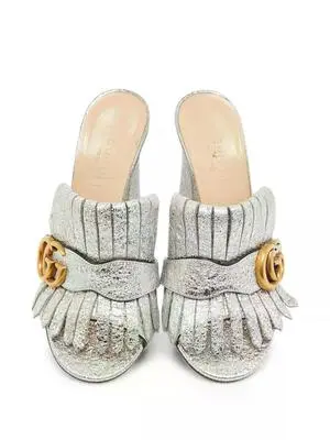 Gucci Leather Gg Marmont Fringed Block Heel Slide Sandals