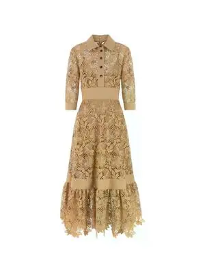 Elie Saab Floral Macramé Ruffled Midi Dress - Neutrals