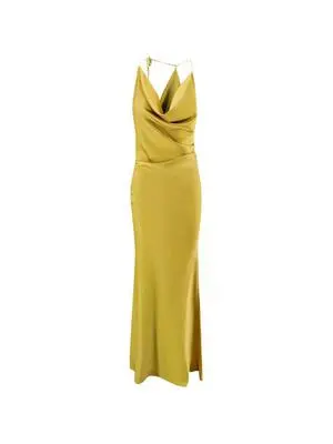 ACTUALEE Draped-neck Satin Maxi Dress - Yellow