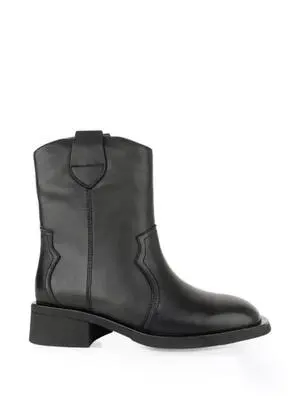 LINDA BAUMANN Leather Round Toe Block Heel Boots - Black