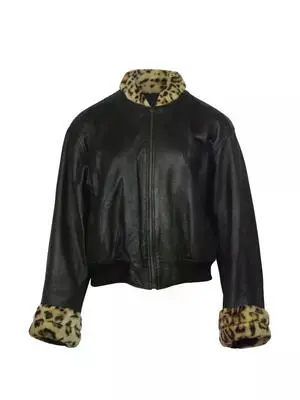 Giorgio Armani Leopard-trim Leather Bomber Jacket - Black