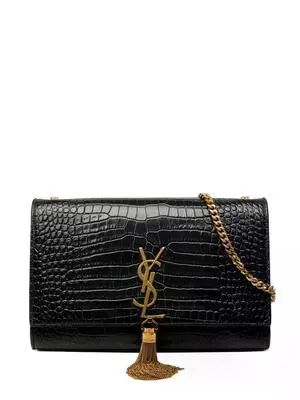Saint Laurent 2021 Medium Croc Embossed Patent Monogram Kate Tassel Crossbody Bag - Black