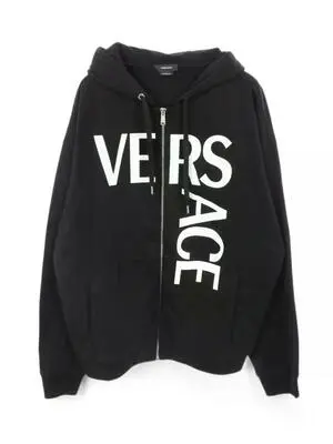 Versace Logo Zip-up Cotton Hoodie - Black