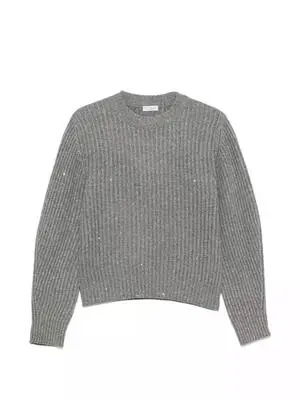 Brunello Cucinelli Sequin Embellished Ribbed Knit Crewneck Sweater - Grey