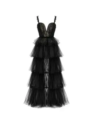 AKNVAS Tiered Lace-overlay Gown - Black