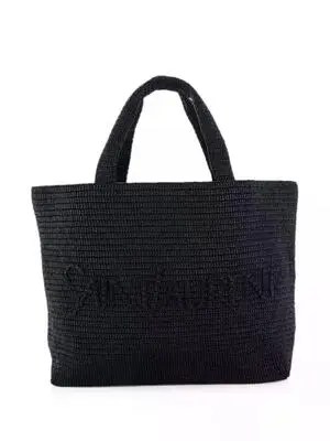 Saint Laurent Logo Supple Embroidered Raffia Tote Bag - Black