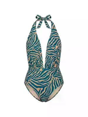 Anjuna Zebra-print Halterneck Swimsuit - Blue