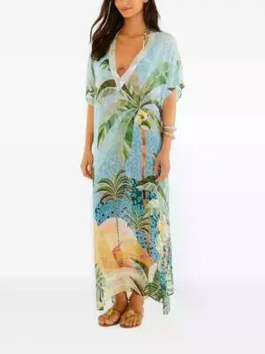 Farm Rio Embroidered Side-slits Maxi Kimono - Blue
