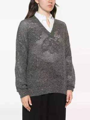 Brunello Cucinelli Sequin-embellished Open-knit Sweater - Grey