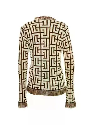 Balmain Monogram Jacquard Fringed Cardigan