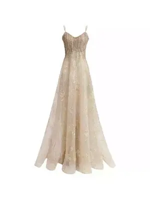 GEMY MAALOUF Embroidered Tulle Maxi Dress - Neutrals